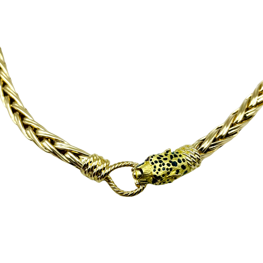 Collier tÃªte de fÃ©lin en or jaune 18 Cts maille palmier avec deux