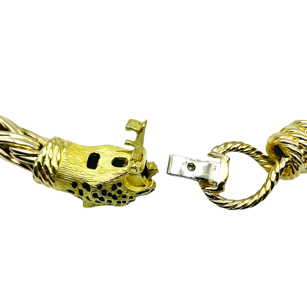 Collier tÃªte de fÃ©lin en or jaune 18 Cts maille palmier avec deux