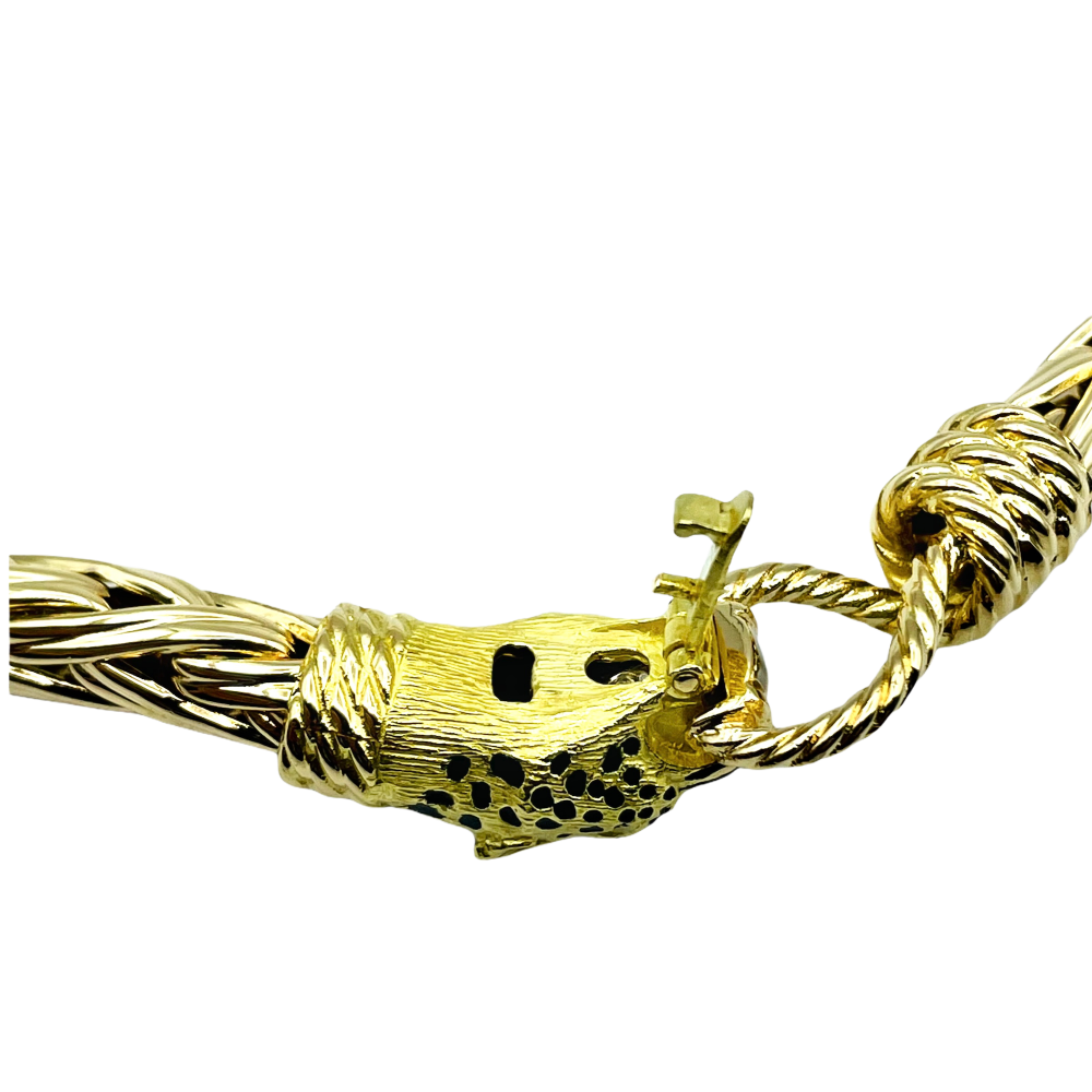 Collier tÃªte de fÃ©lin en or jaune 18 Cts maille palmier avec deux