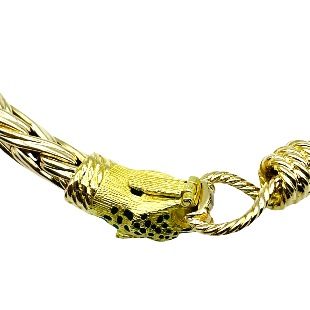 Collier tÃªte de fÃ©lin en or jaune 18 Cts maille palmier avec deux