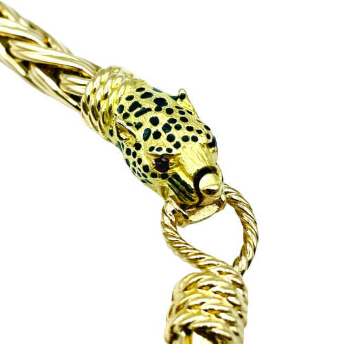 Collier tÃªte de fÃ©lin en or jaune 18 Cts maille palmier avec deux