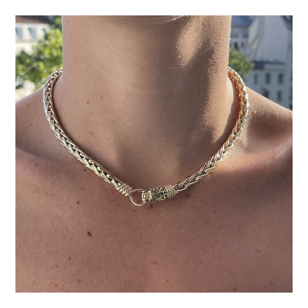 Collier tÃªte de fÃ©lin en or jaune 18 Cts maille palmier avec deux